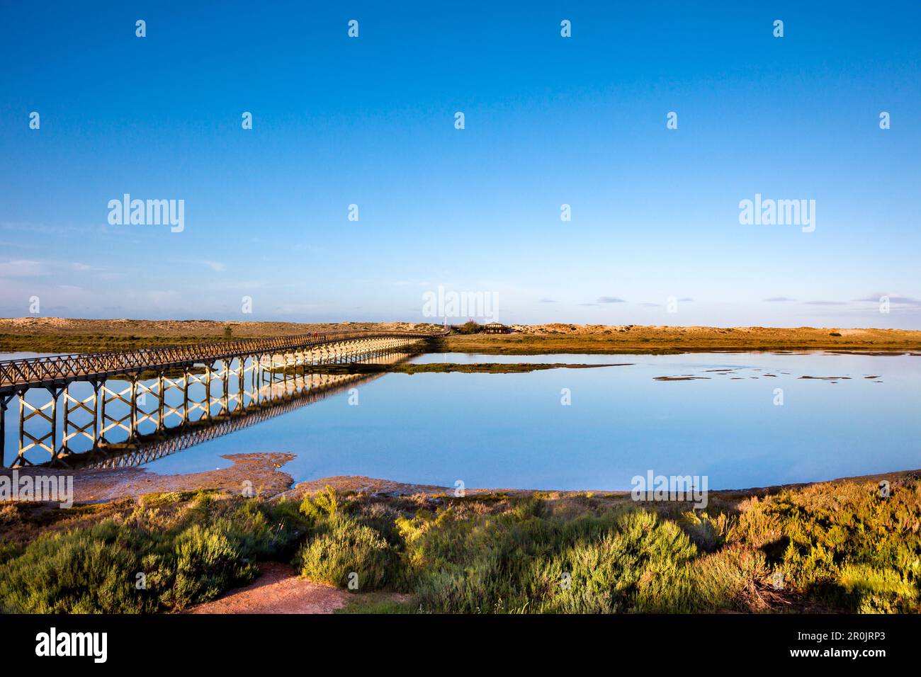 Bridge across lagoon, Quinta do Largo, Naturpark Ria Formosa, Algarve ...