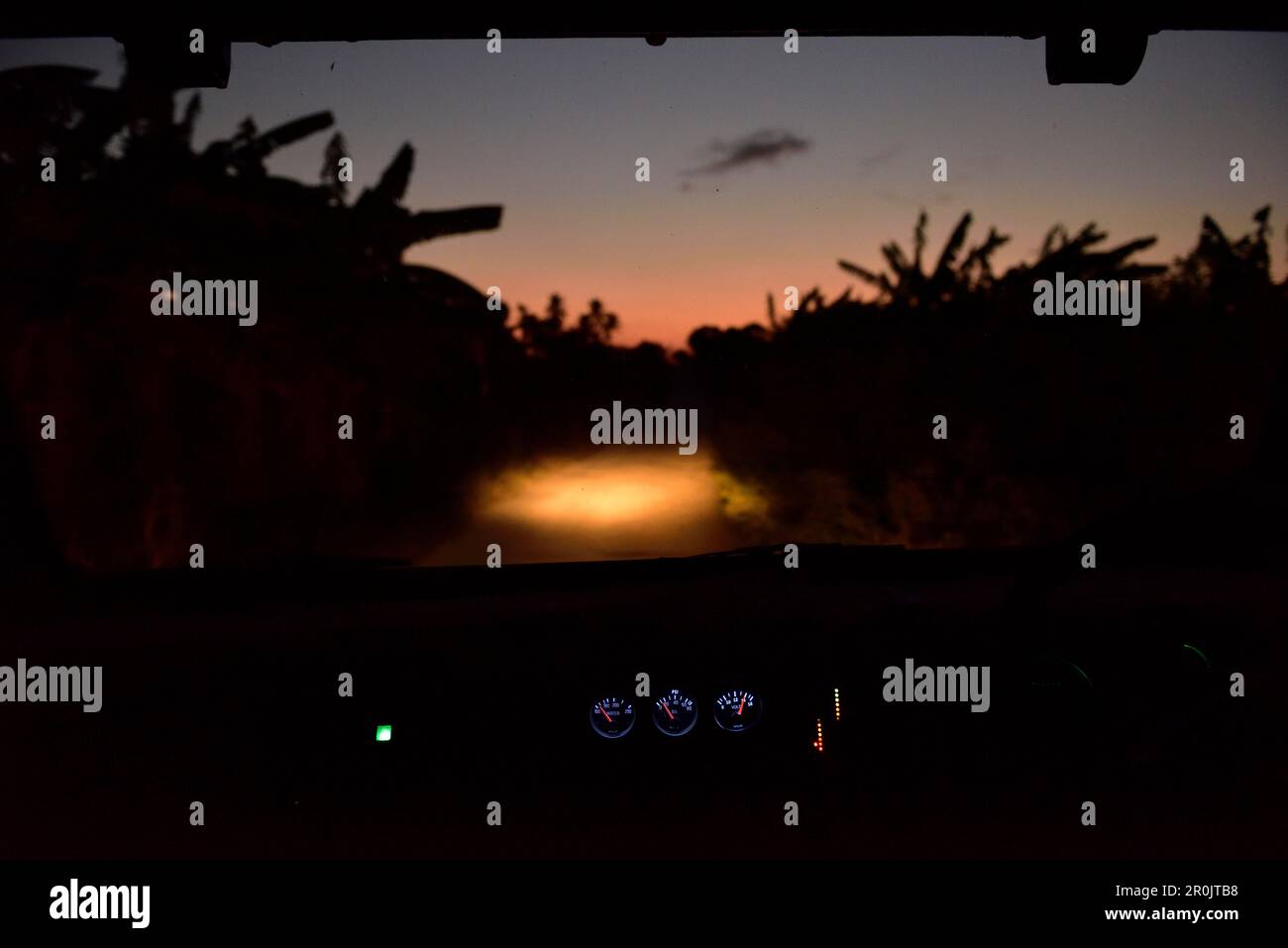 View through the windshield of a car during a bush drive at night in ...