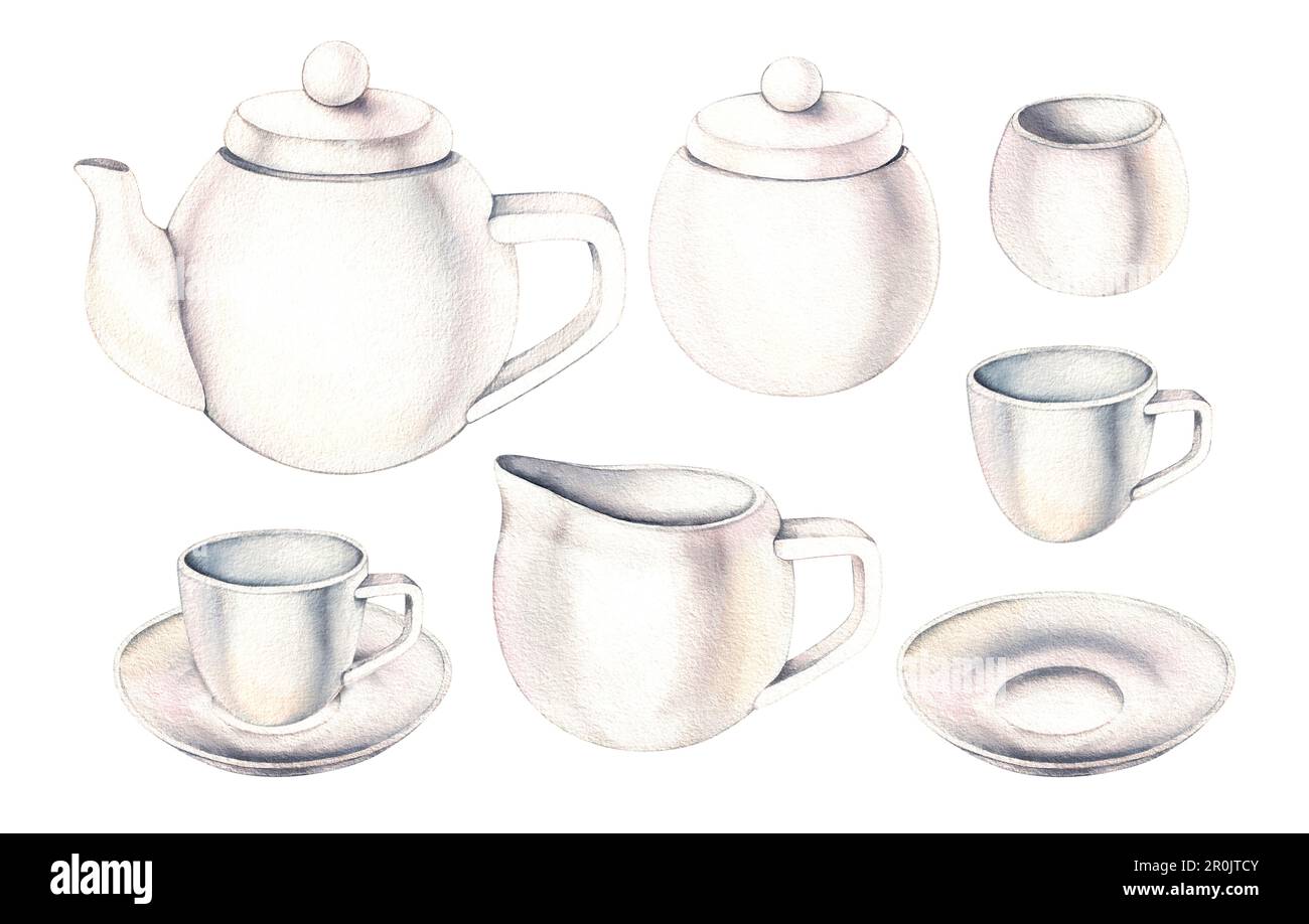 Watercolor set of white ceramic dishes on a white background for the ...