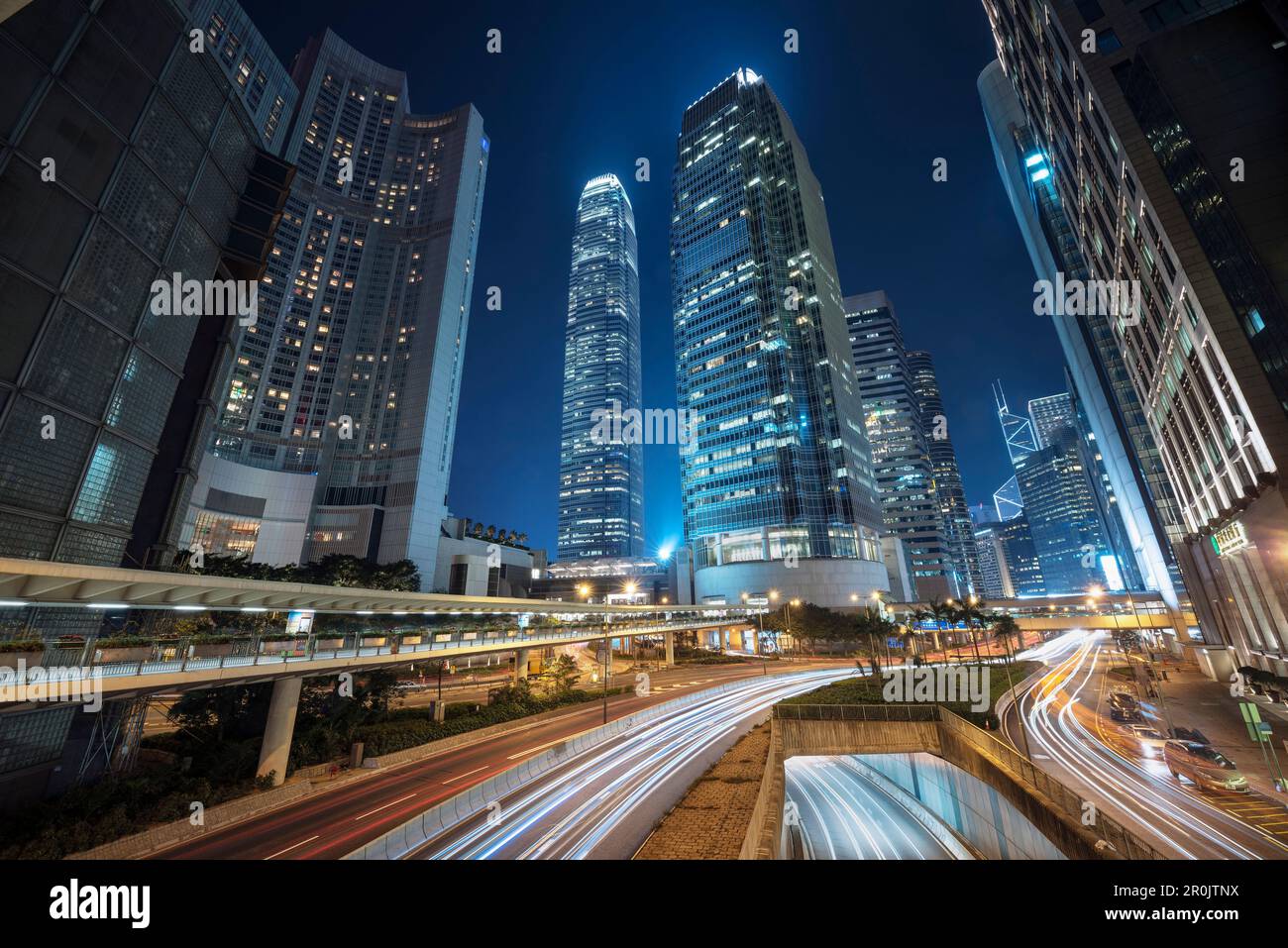 view at IFC one and two with light traces of cars at night, Central ...