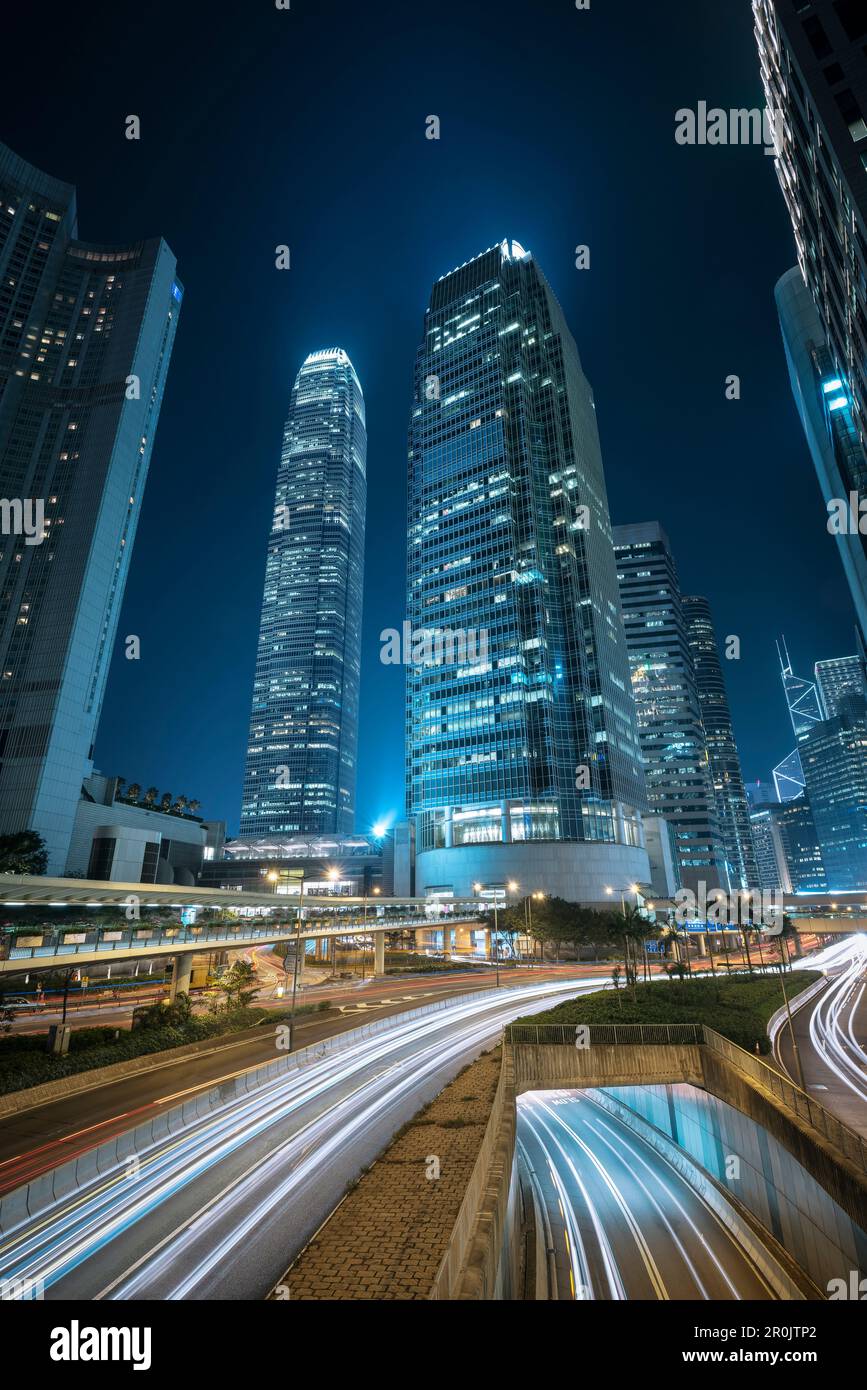 view at IFC one and two with light traces of cars at night, Central ...
