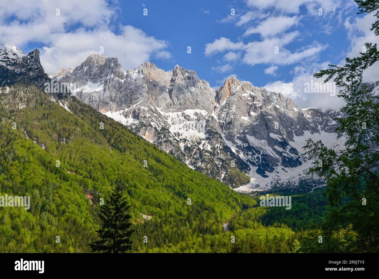 Wooded hills and Prisojnik mountain range with clouds, Prisanc, from ...