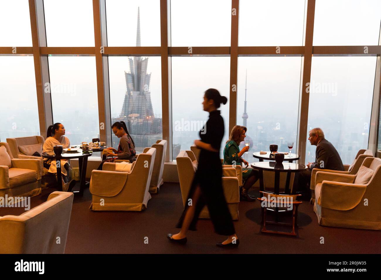 Cafe in Shanghai World Financial Center, guests, waitress, view to ...