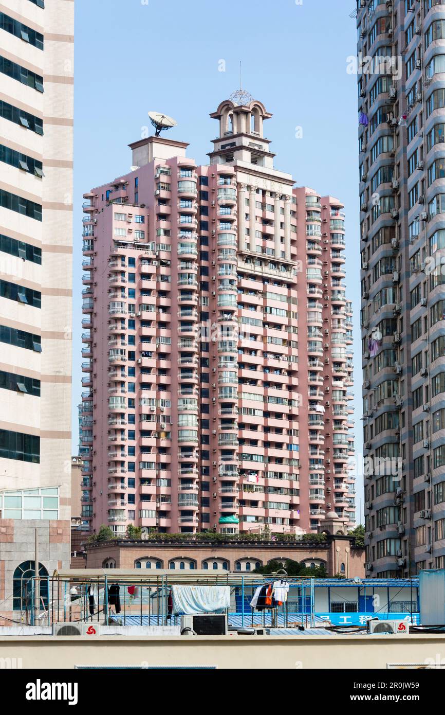 Pink appartment house, skyscraper, living area, Putuo District ...