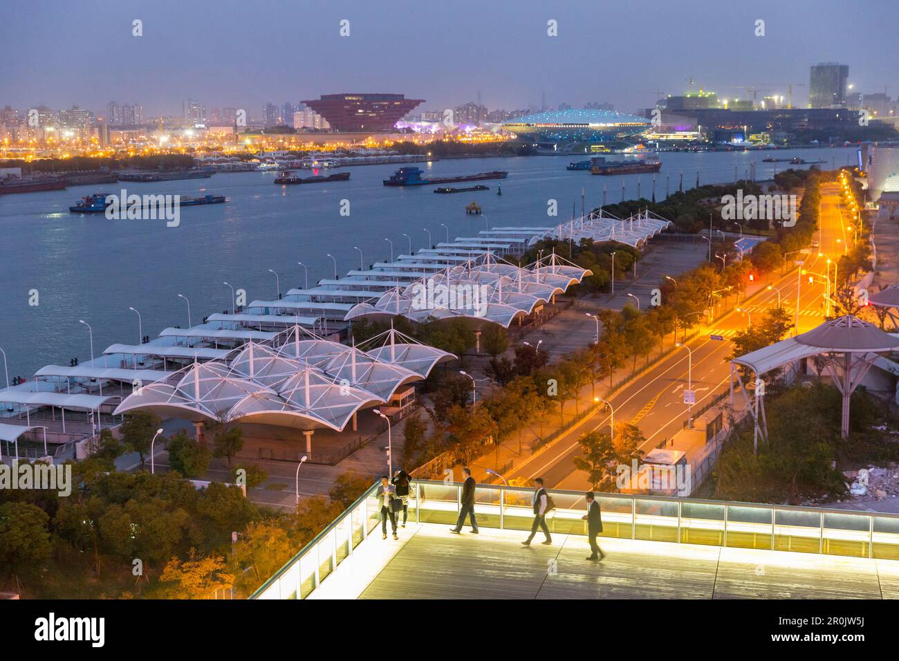 Dusk, Huangpu River, West Bund area, EXPO 2010 area, view from Shanghai ...
