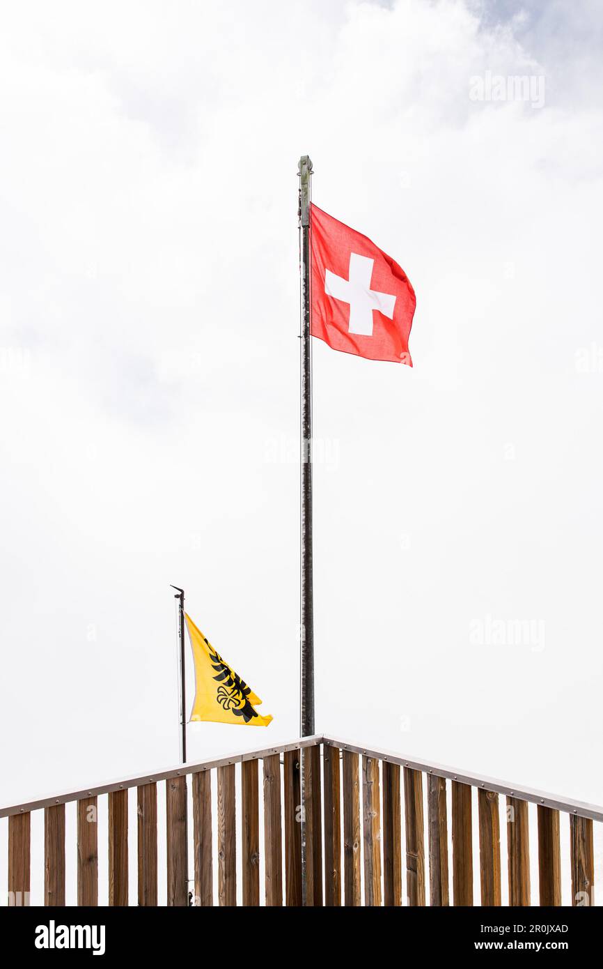 Swiss flag, Flag of Switzerland blowing in the wind, Finsteraarhornhut ...
