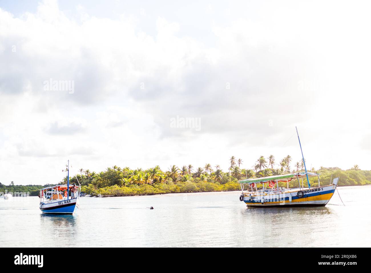 fishing boats anchored in the lagoon, palm island, Atlantic ocean ...