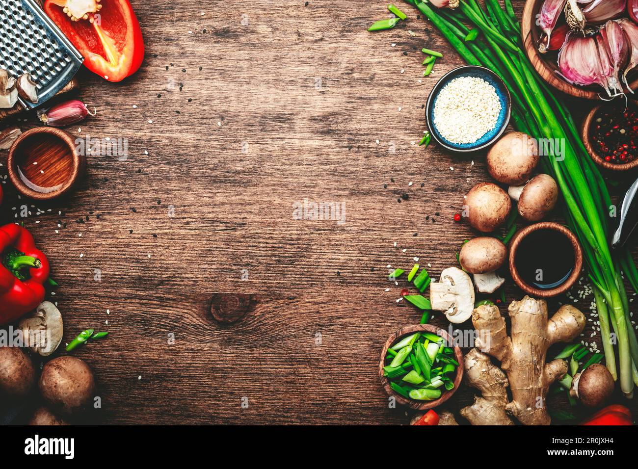 Asian cuisine ingredients with vegetables, food background. Ginger ...