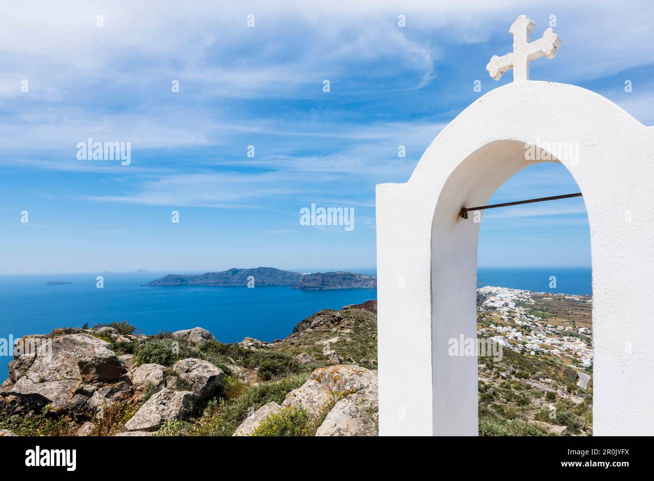Cross of a Greek orthodox chapel, view at the Mediterranean Sea the ...