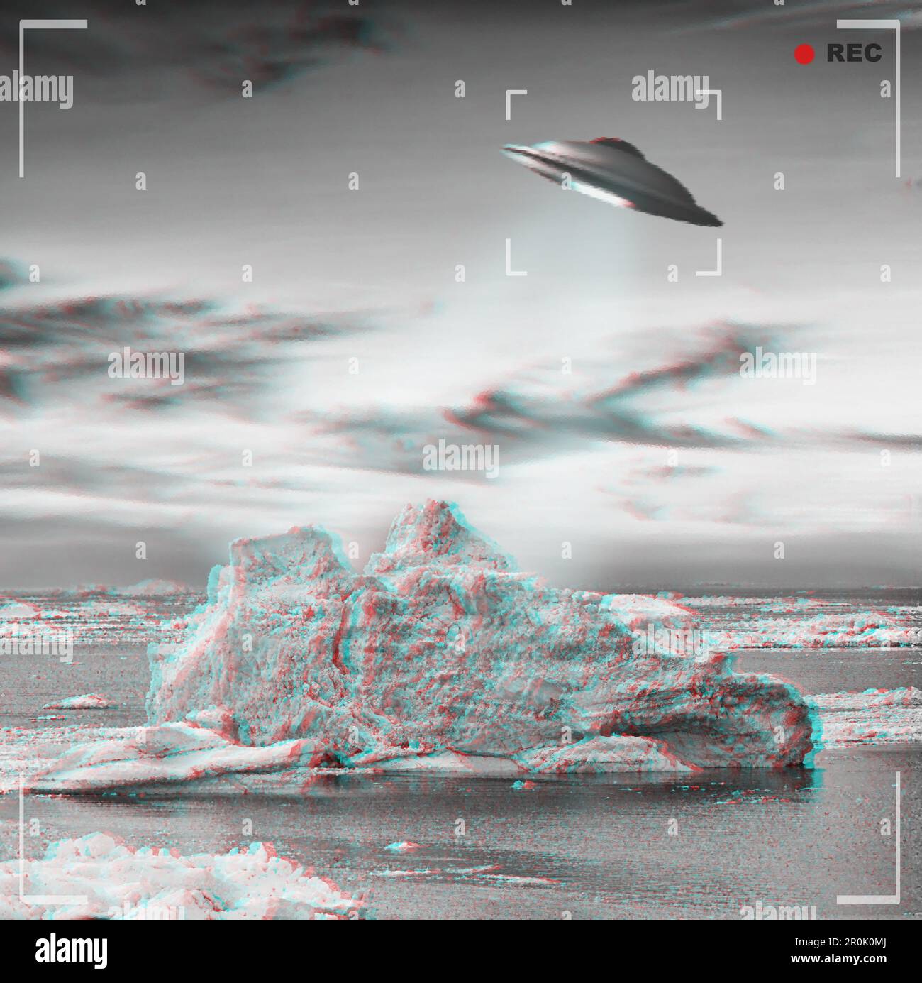 Ufo, ice and spaceship with aliens, camera frame and galaxy with nature ...