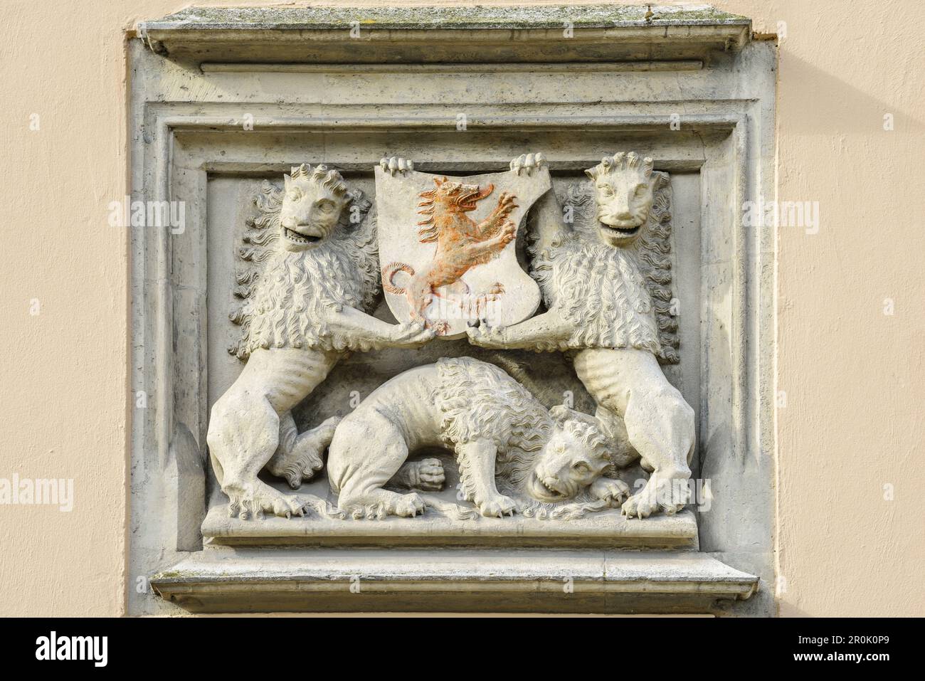 Sculpture with three lions and crest of Passau with Red Wolf, cityhall ...