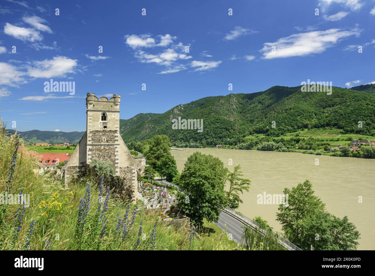 Church St. Michael with Danube in background, St. Michael, Wachau, Danube Bike Trail, UNESCO ...