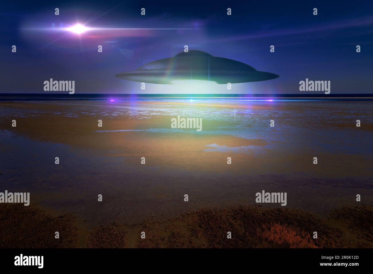 Contact, spaceship and ufo with glow, earth and extraterrestrial with ...