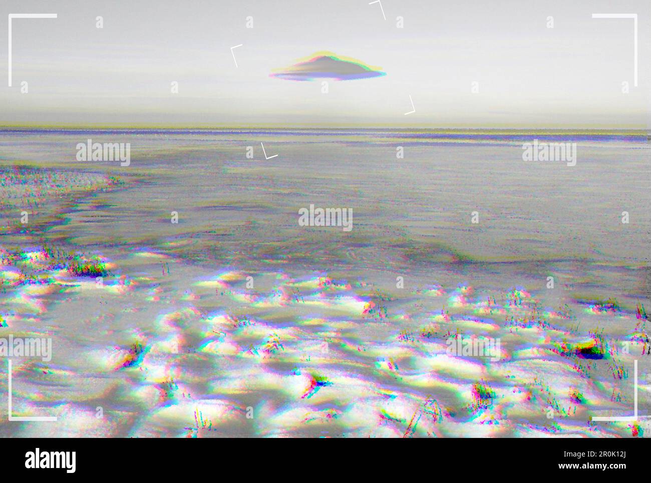 UFO, alien and viewfinder on a camera screen with a spaceship in the ...