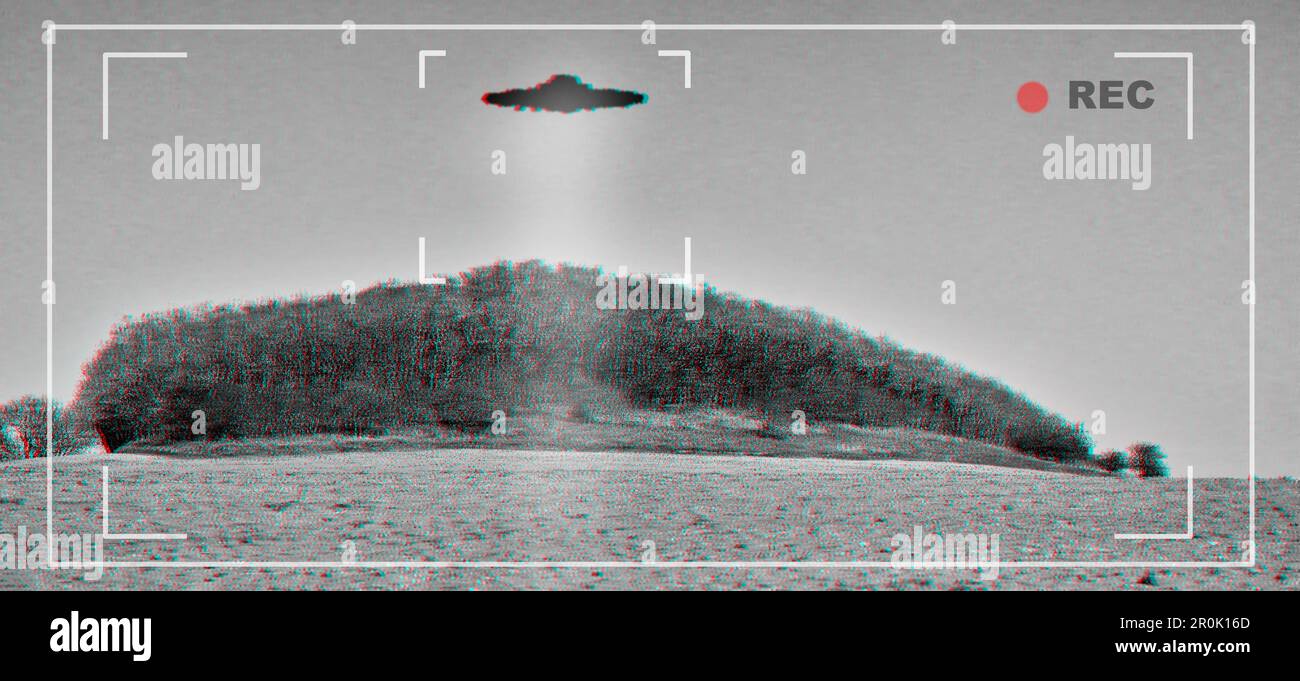 UFO, alien and viewfinder on a camera screen to record a flying saucer ...