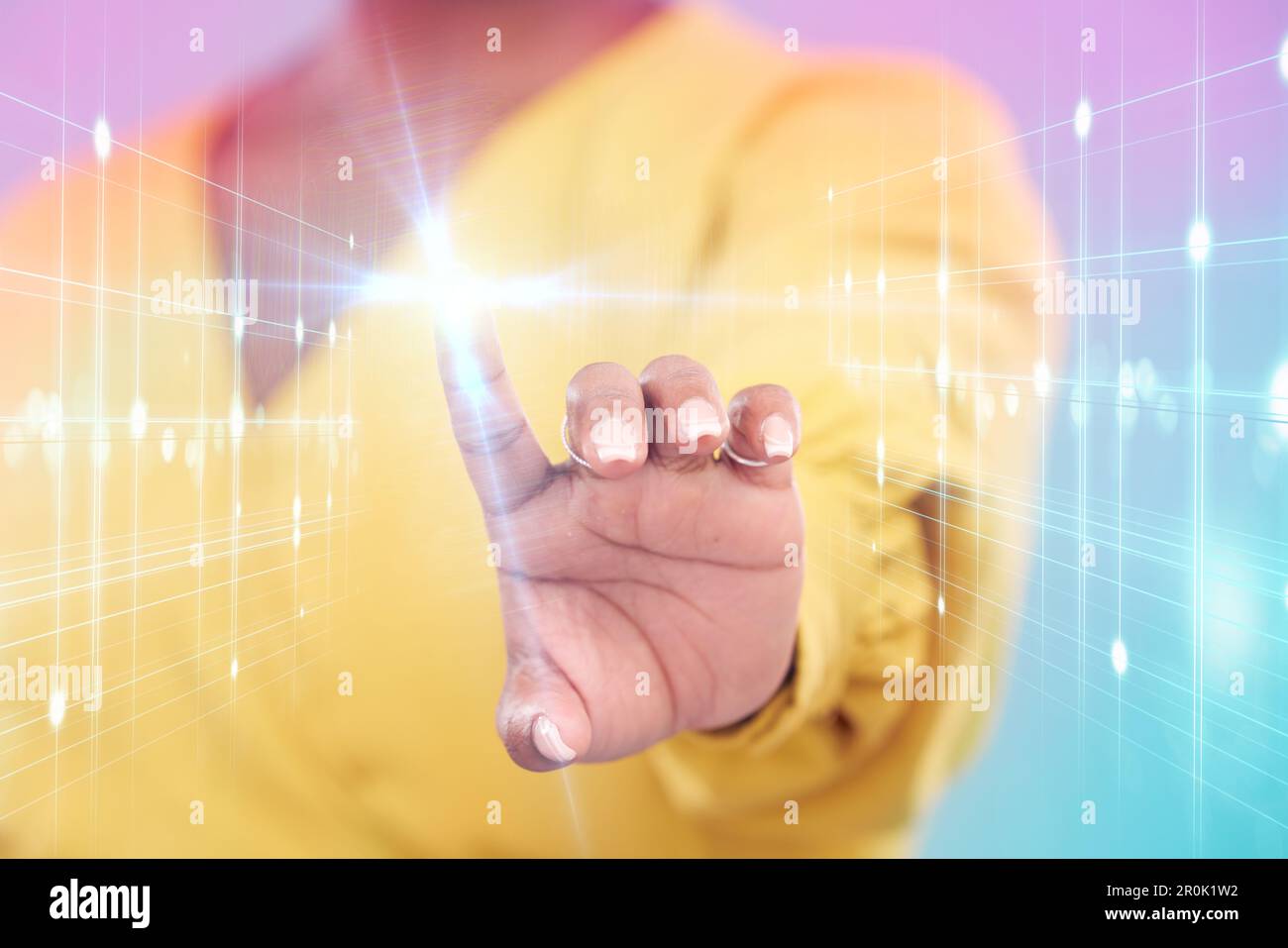 Touch, digital lights and woman hand isolated on a neon background in ...