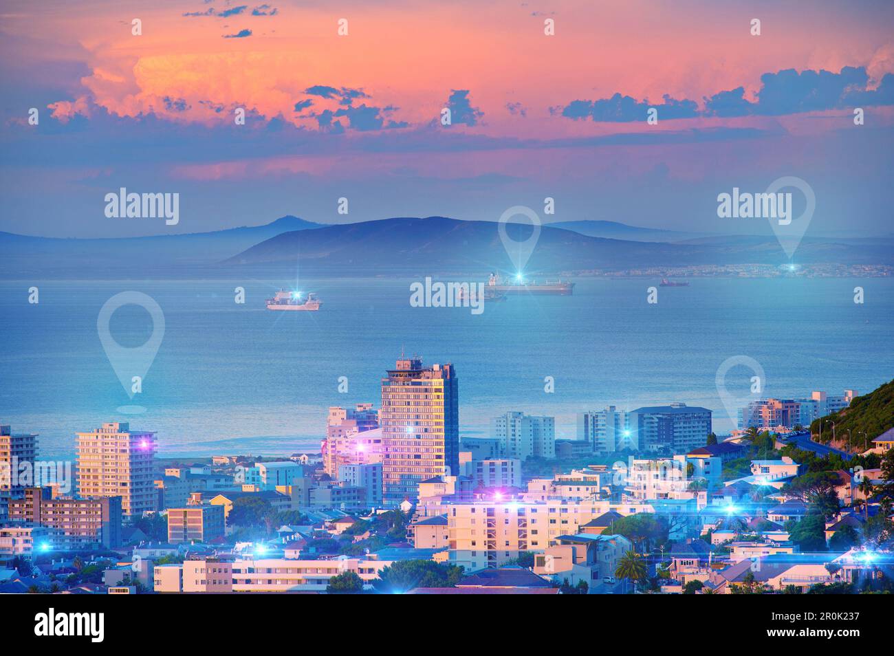 Direction, connection and city with location icon, route and marker for ...