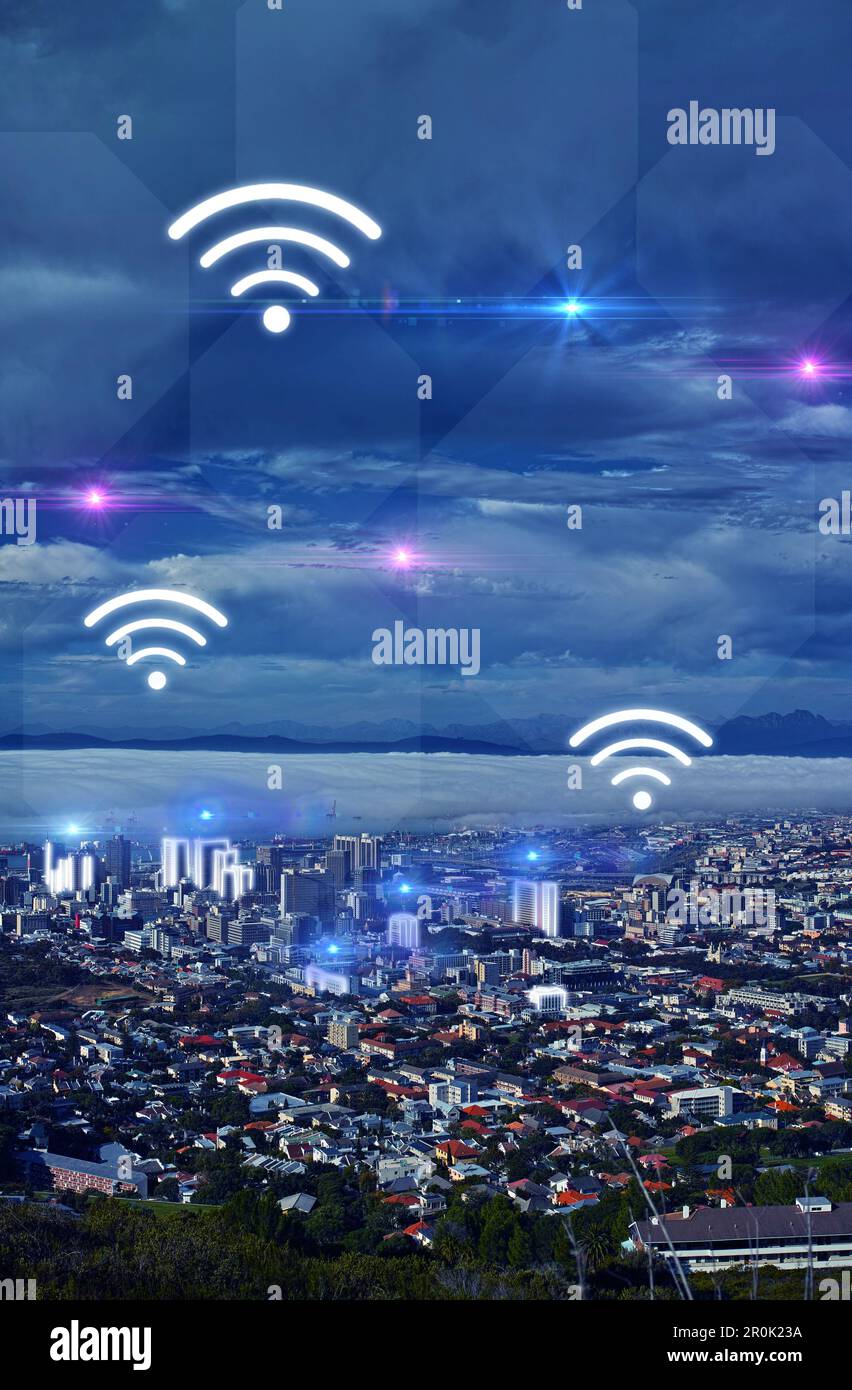 Connection, night and overlay landscape of the city with internet web ...