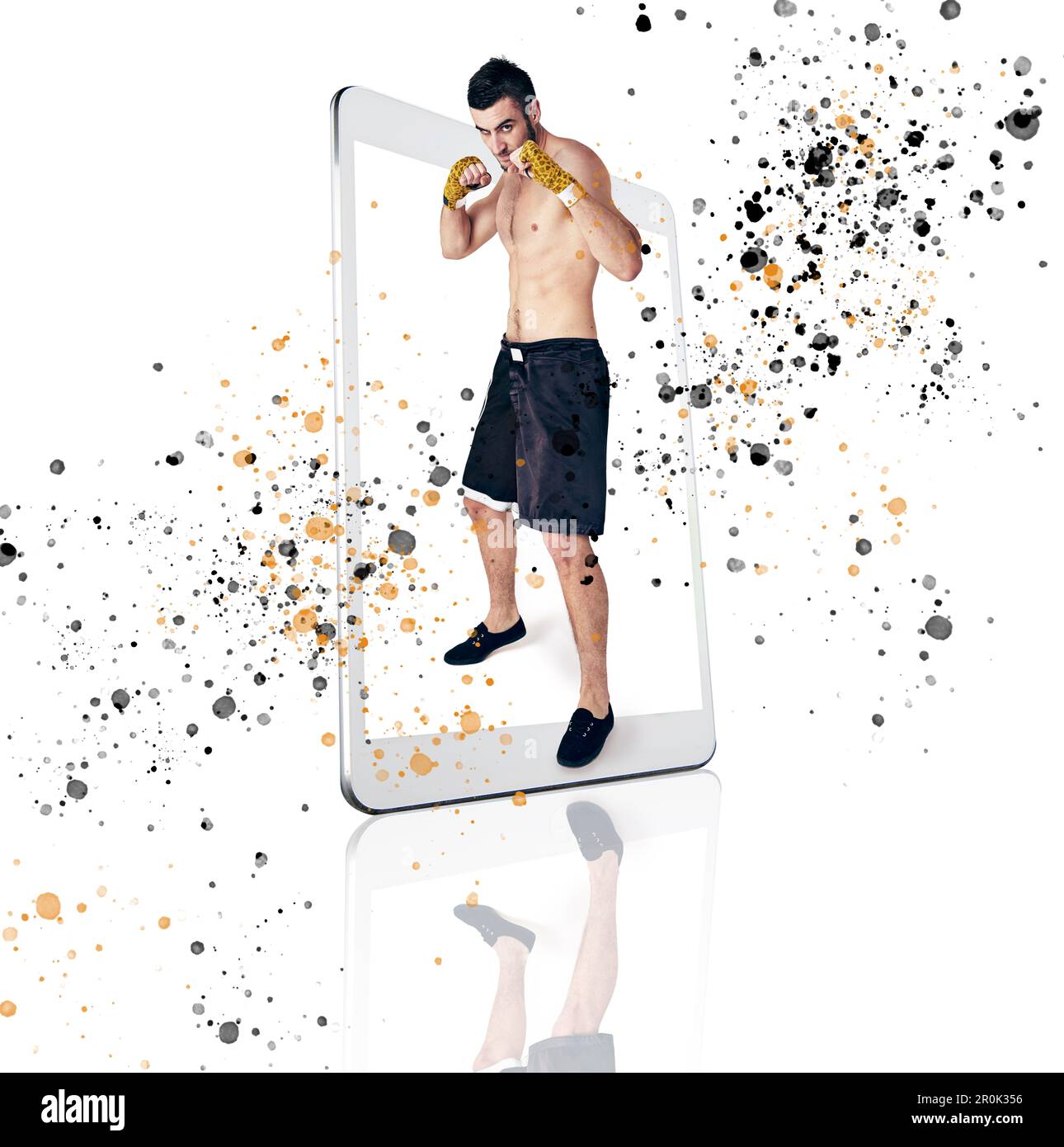 Portrait, fight and man with mobile app, training and guy isolated ...