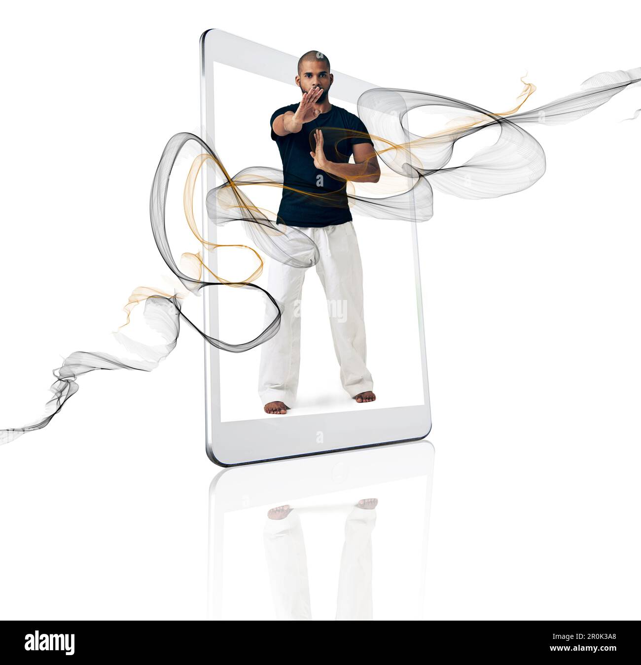 Portrait, mobile app and man with move, karate and fitness isolated ...