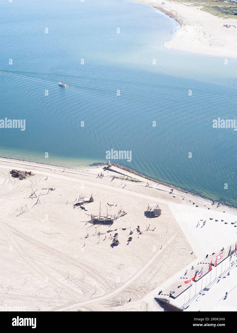 View over Travemuende beach with habour entrance and Priwall ...