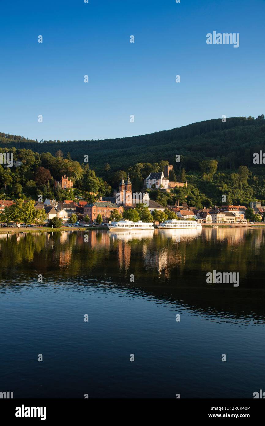 View from Mainbruecke bridge to city and excursion boats on Main river ...