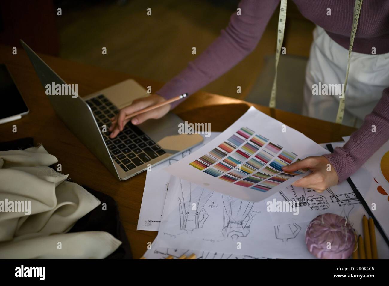 Close-up image of a professional female fashion designer using laptop ...