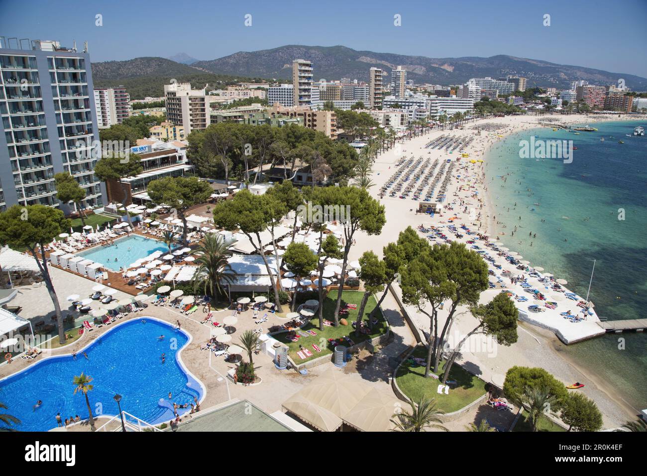 Overhead of hotel swimming pool and Playa de Magaluf beach, Magaluf ...