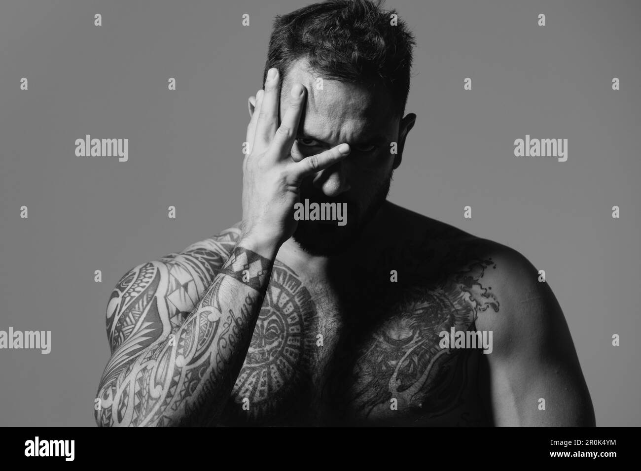 Guy covered face with hands and doing stop gesture with sad and fear ...