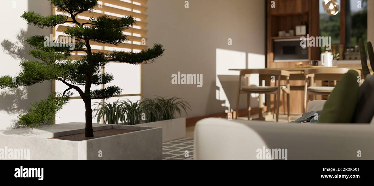 Interior design of a modern Japanese living room with bonsai tree ...