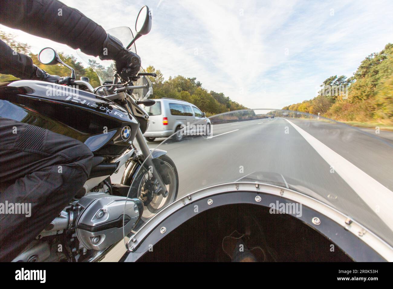 German Autobahn, motorbike with side car, driving, passenger view ...