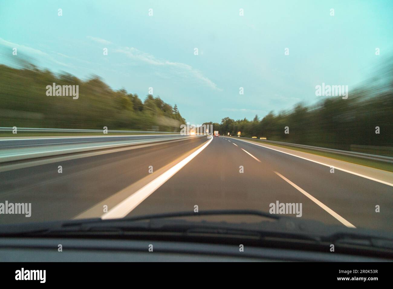 German Autobahn, A 7, driving, motion, blurred, windscreen, front view ...