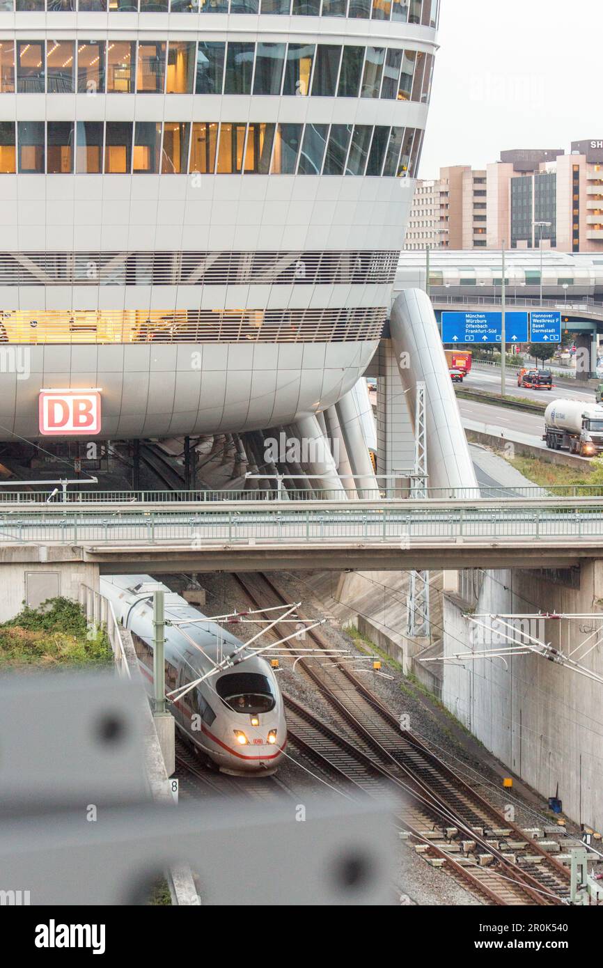 German Autobahn, A 3, train, railway, The Squaire office building near ...