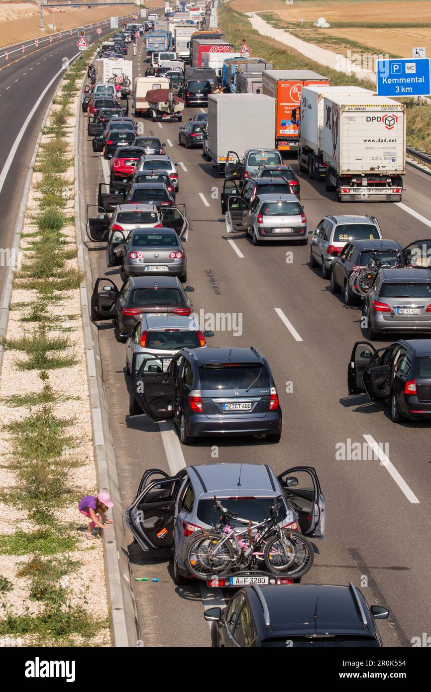 German Autobahn, traffic jam, congestion, A 8, cars, trucks, stopped, halt, motorway, highway ...