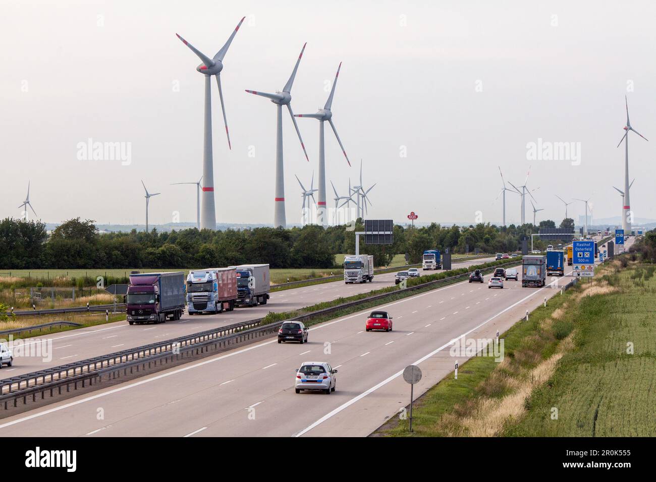 German Autobahn, A 9, traffic lanes, wind turbine, wind farm, motorway ...
