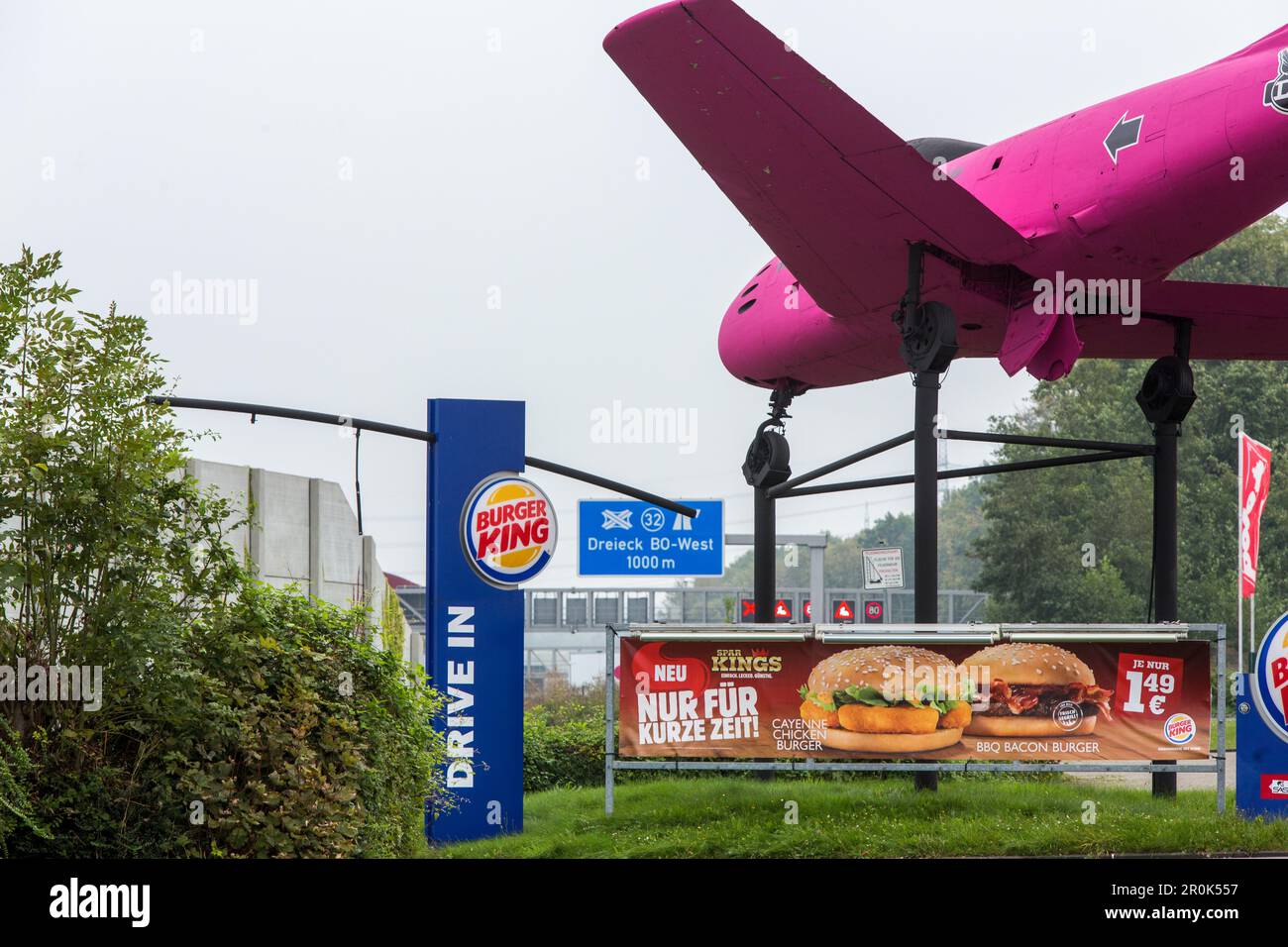 German Autobahn, A 40, fastfood advertising, pink plane, drive-in ...