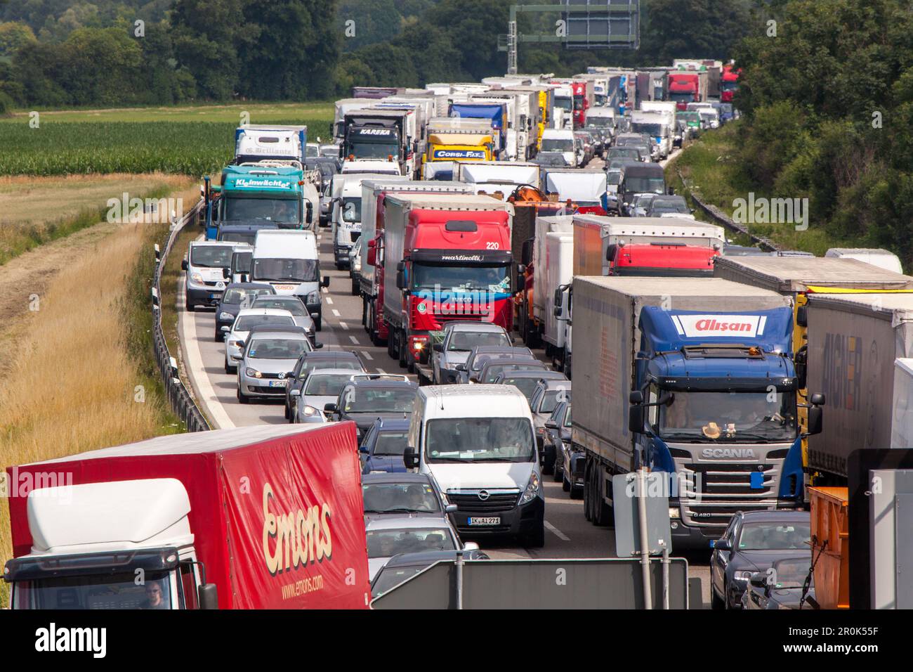 German Autobahn, traffic jam, congestion, A 99, cars, trucks, stopped ...