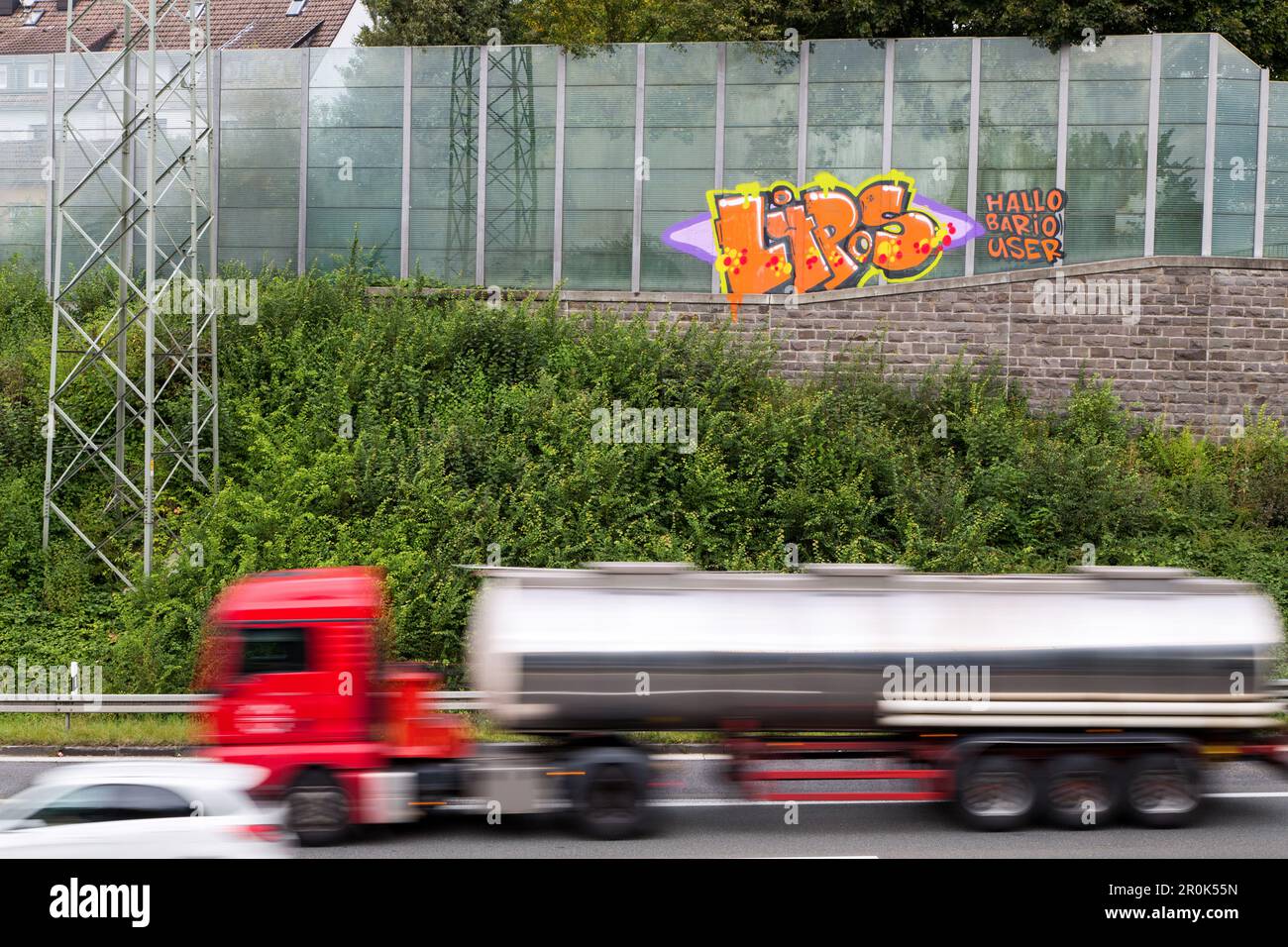 German Autobahn, A 46, truck, noise barrier, wall, motion, motorway ...
