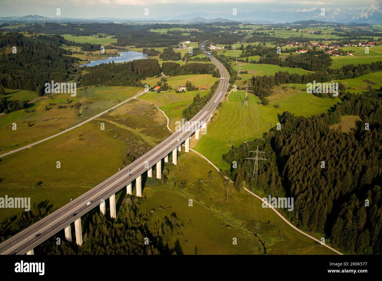 aerial, German Autobahn, A 7, crosses the Rottach, landscape, motorway ...
