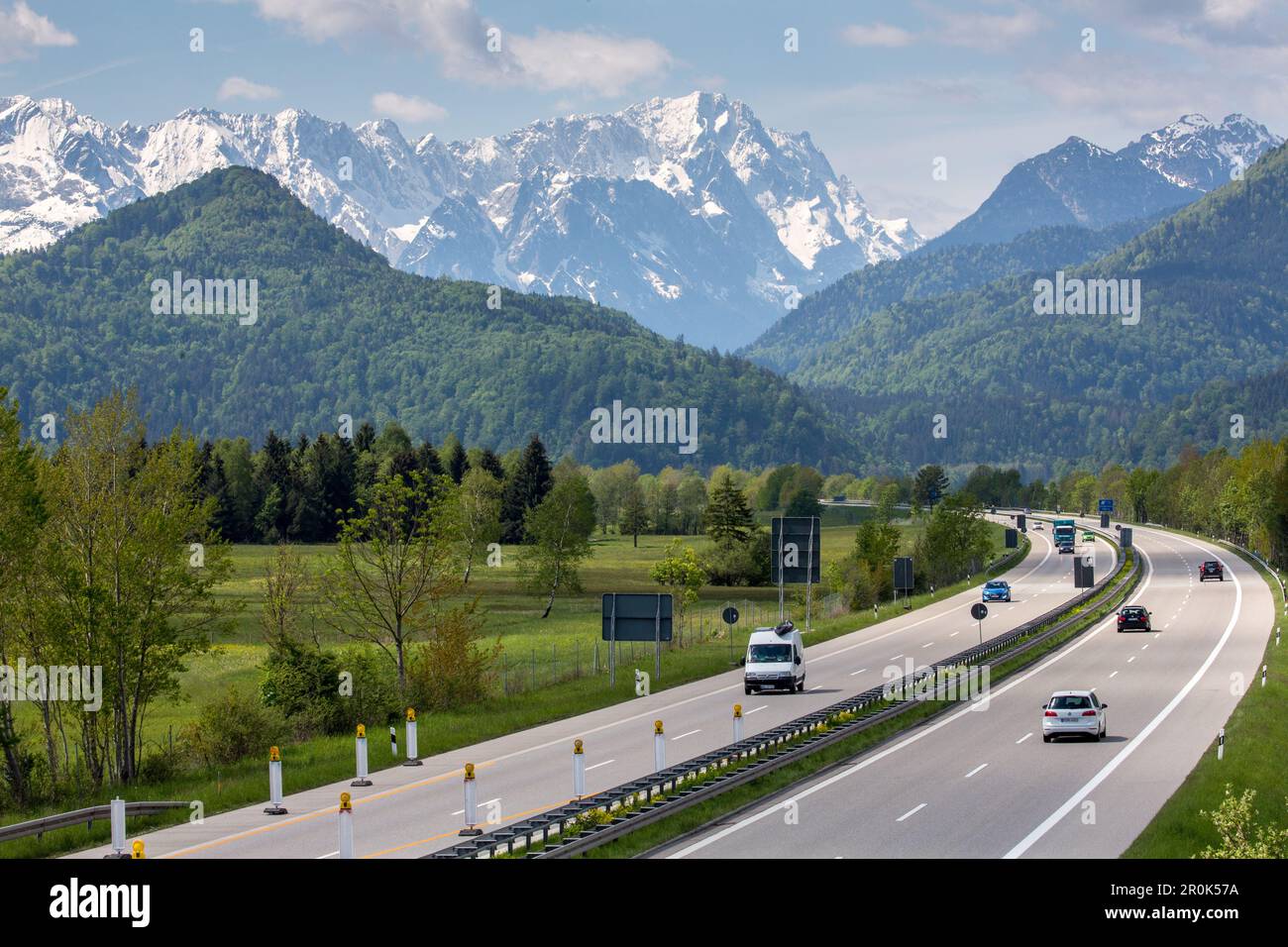German Autobahn, A 7, Alp panorama, Alps, landscape, farming, green ...
