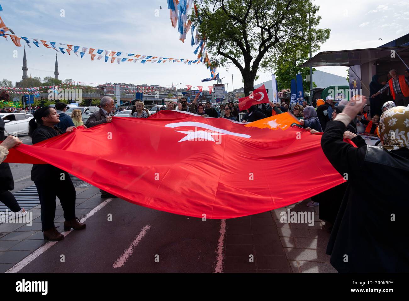Istanbul, Turkey - May 3 2023: AK Party supporters waving a big Turkish ...