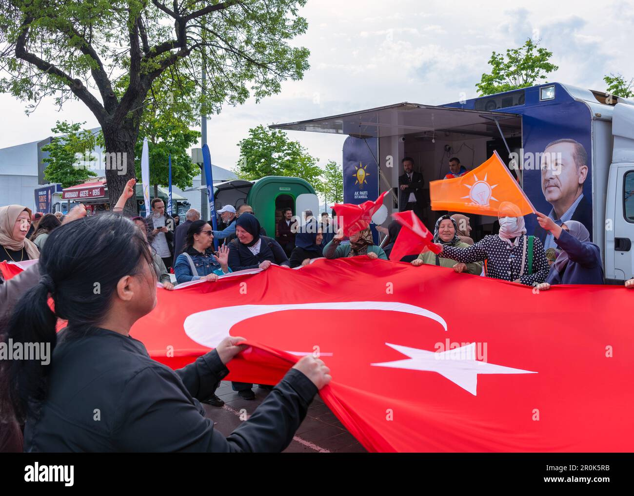 Istanbul, Turkey - May 3 2023: AK Party supporters waving a big Turkish ...