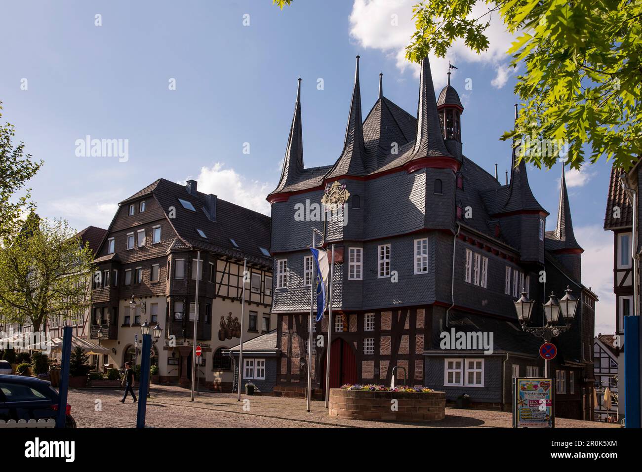 Frankenberg town hall with the 10 towers, a historic half-timbered ...