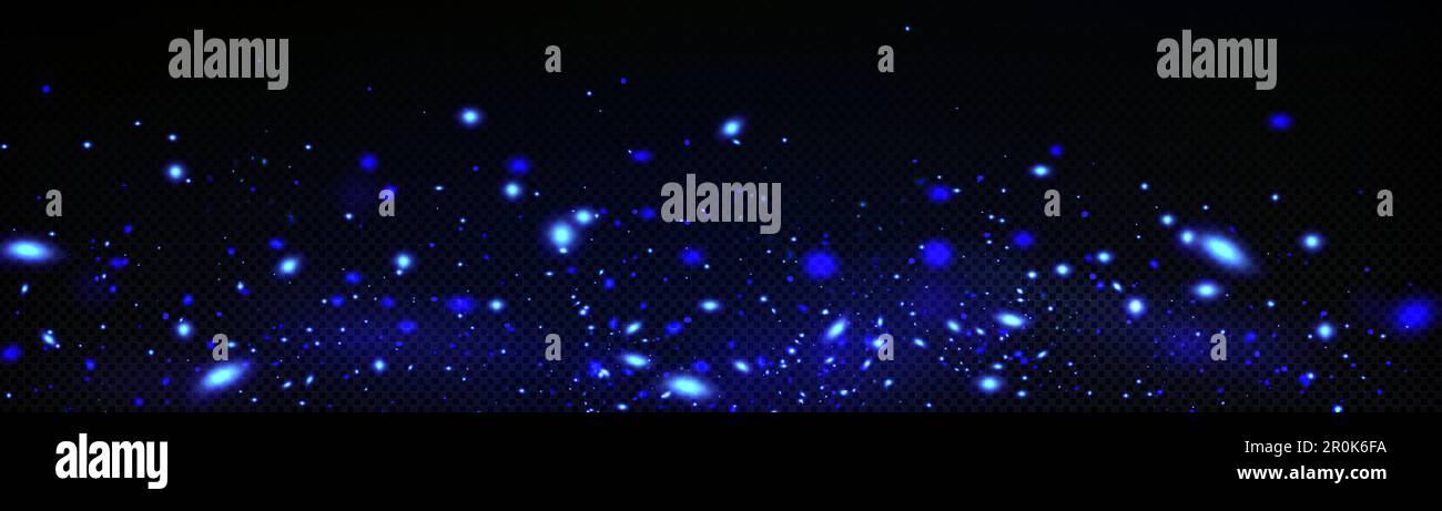 Blue fireflies glowing on dark transparent background. Vector realistic ...
