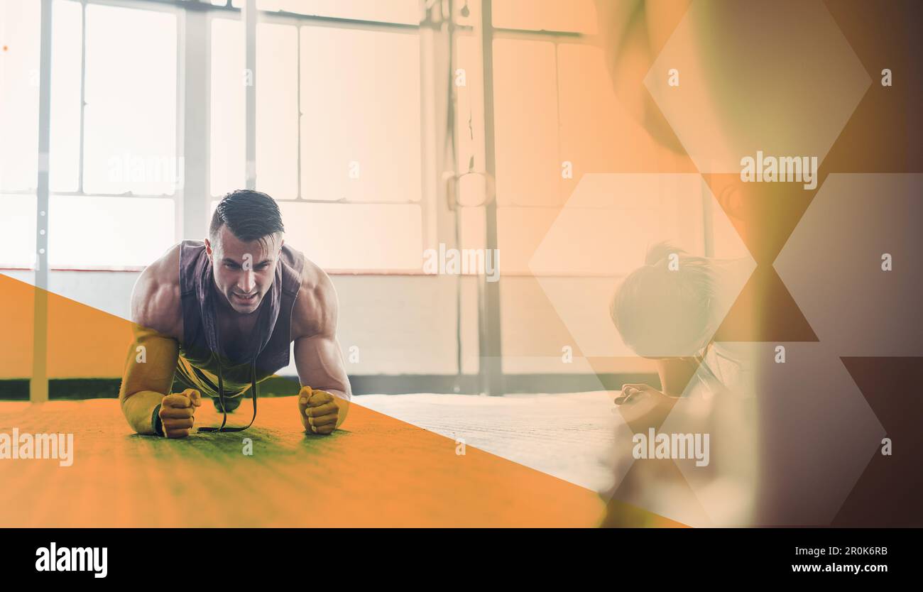 Overlay, plank and man exercise in gym for health, wellness and core ...