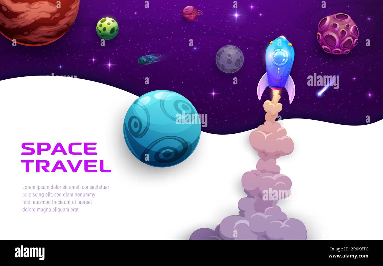 Space landing page. Fast start rocket launch and space landscape vector ...