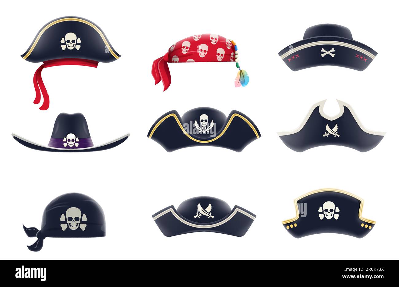 Cartoon pirate captain tricorn cocked hat and bandanas, vector icons. Pirate tricorne hats with ...