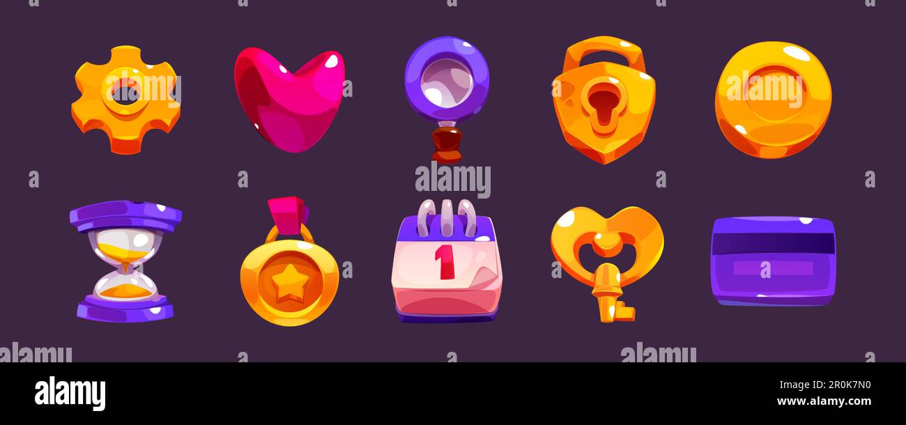Cartoon game interface icon with lock and key. Vector gold element set ...