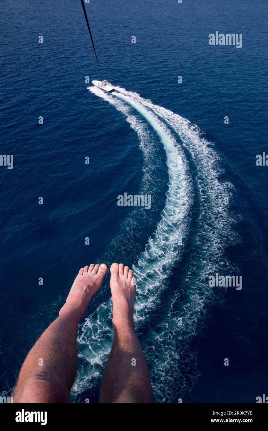 Aerial of photographer's feet and boat wake in Caribbean Sea during ...