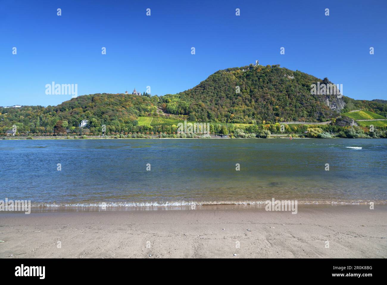 View over the river Rhine of castle Drachenburg on the Drachenfels ...